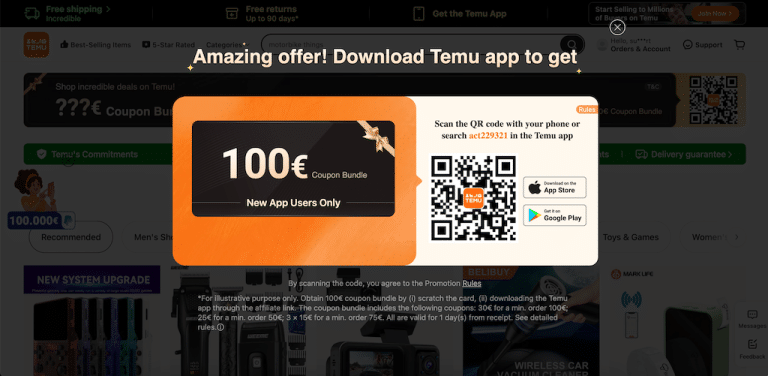 Code de réduction TEMU ⇒ 30 % de réduction + jusqu'à 100 € de coupons ...